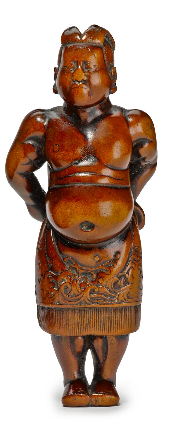 Bonhams : A large wood netsuke of a sumo wrestler Edo period (late 18th ...