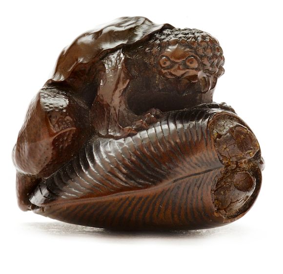 Bonhams : A dark wood and ivory netsuke of a kappa on a clamshell By ...