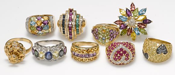 Bonhams : A collection of nine gem-set, diamond and 14k white and ...