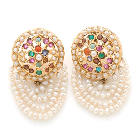 Bonhams : A pair of freshwater cultured pearl, hardstone, paste, 18k ...