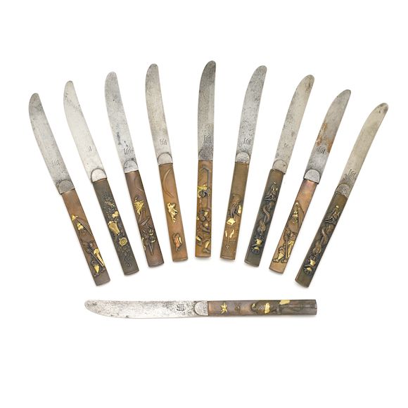 Bonhams : A cased set of ten Japanese mixed metal knives Meiji period