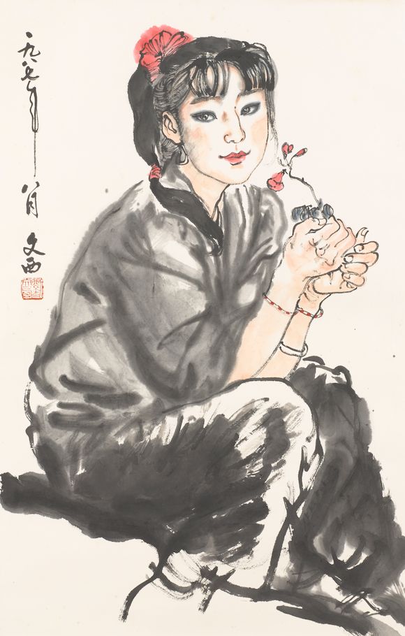 Bonhams : Liu Wenxi (born 1933) Woman with Flower, 1987