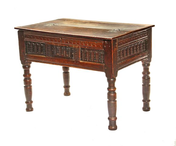 Bonhams : A Jacobean oak Bible box on stand late 16th/early 17th century