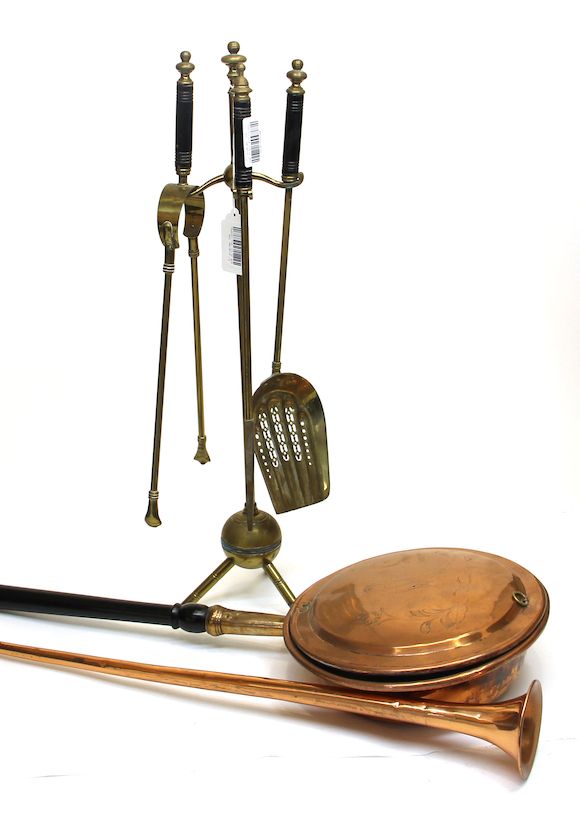 Bonhams : A copper warming pan, copper hunting horn and four piece ...