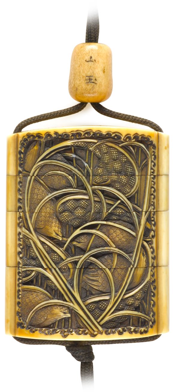 Bonhams : A carved marine ivory three-case inro Edo period (19th century)