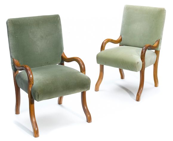 Bonhams : A pair of upholstered mahogany open armchairs after the model ...