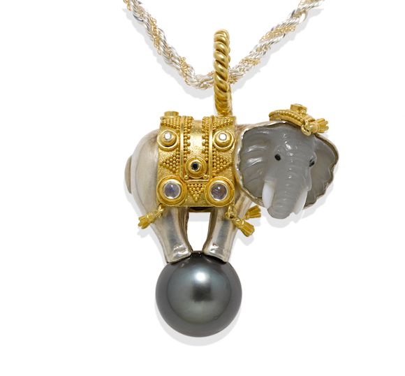 Bonhams : A black South Sea cultured pearl, moonstone, chalcedony ...