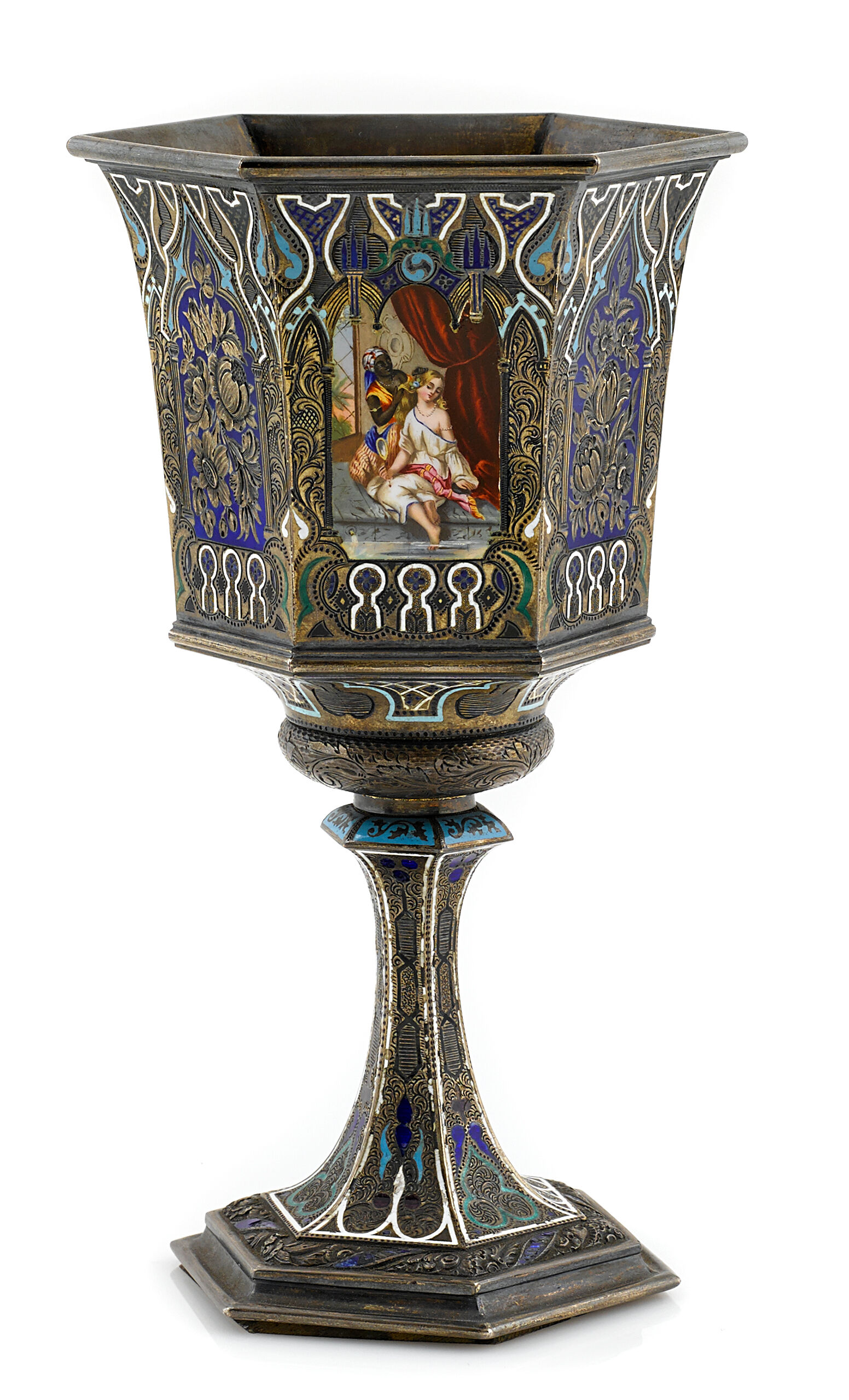 Bonhams : A Continental enameled silver hexagonal goblet unmarked, possibly French, Limoges ...