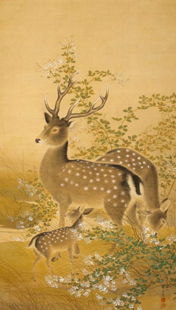 Bonhams : Nihonga school (Meiji period) Deer and Bush Clover
