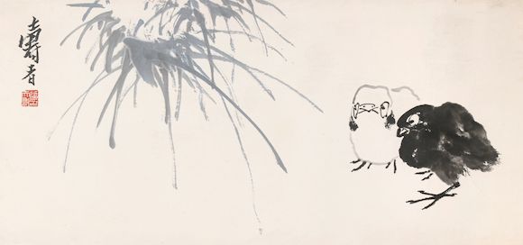 Bonhams : Pan Tianshou (1897-1971) Two Chicks and Grasses