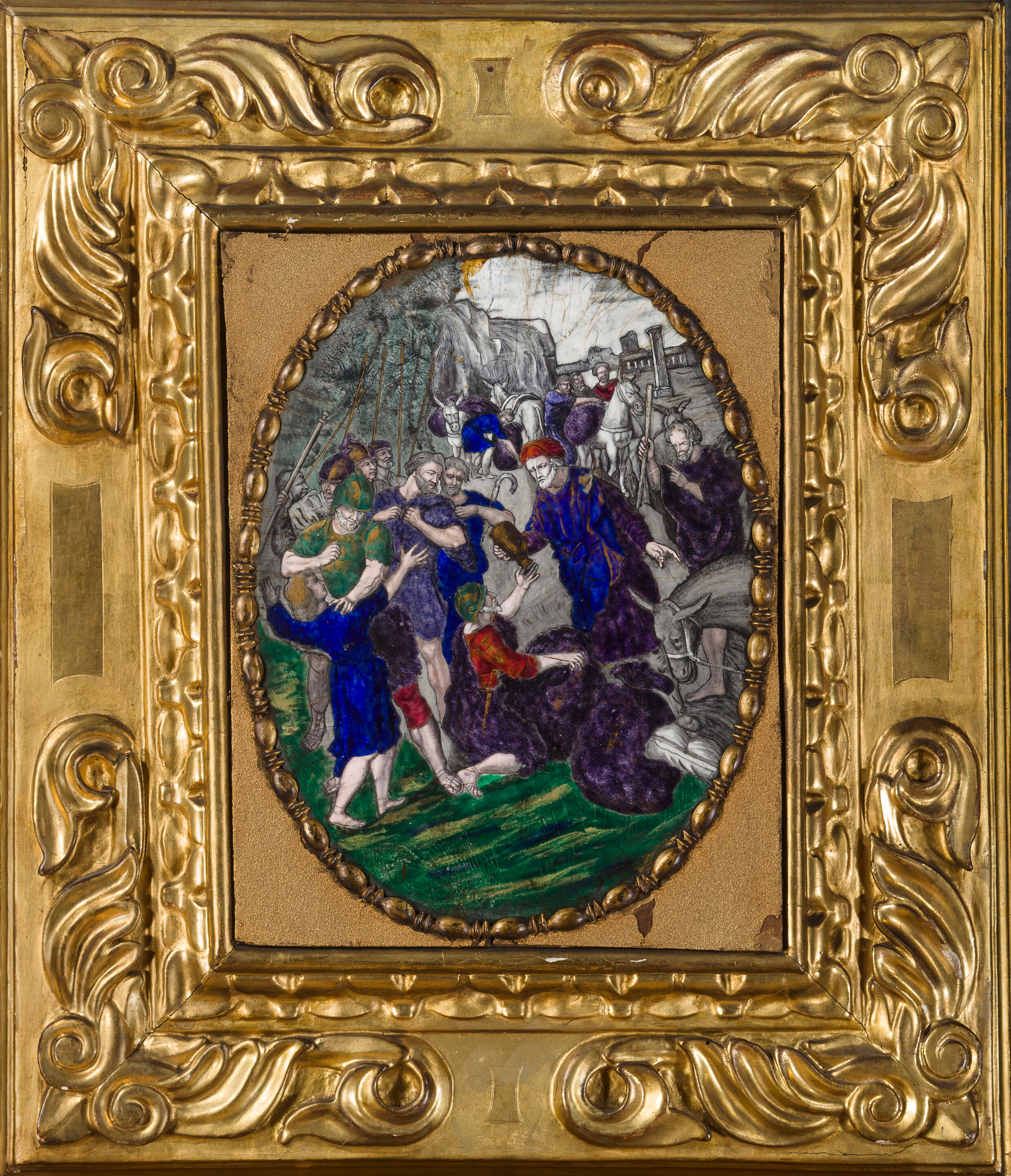 Bonhams : A Limoges style oval enamel plaque depicting a scene from the Legend of the Holy Grail