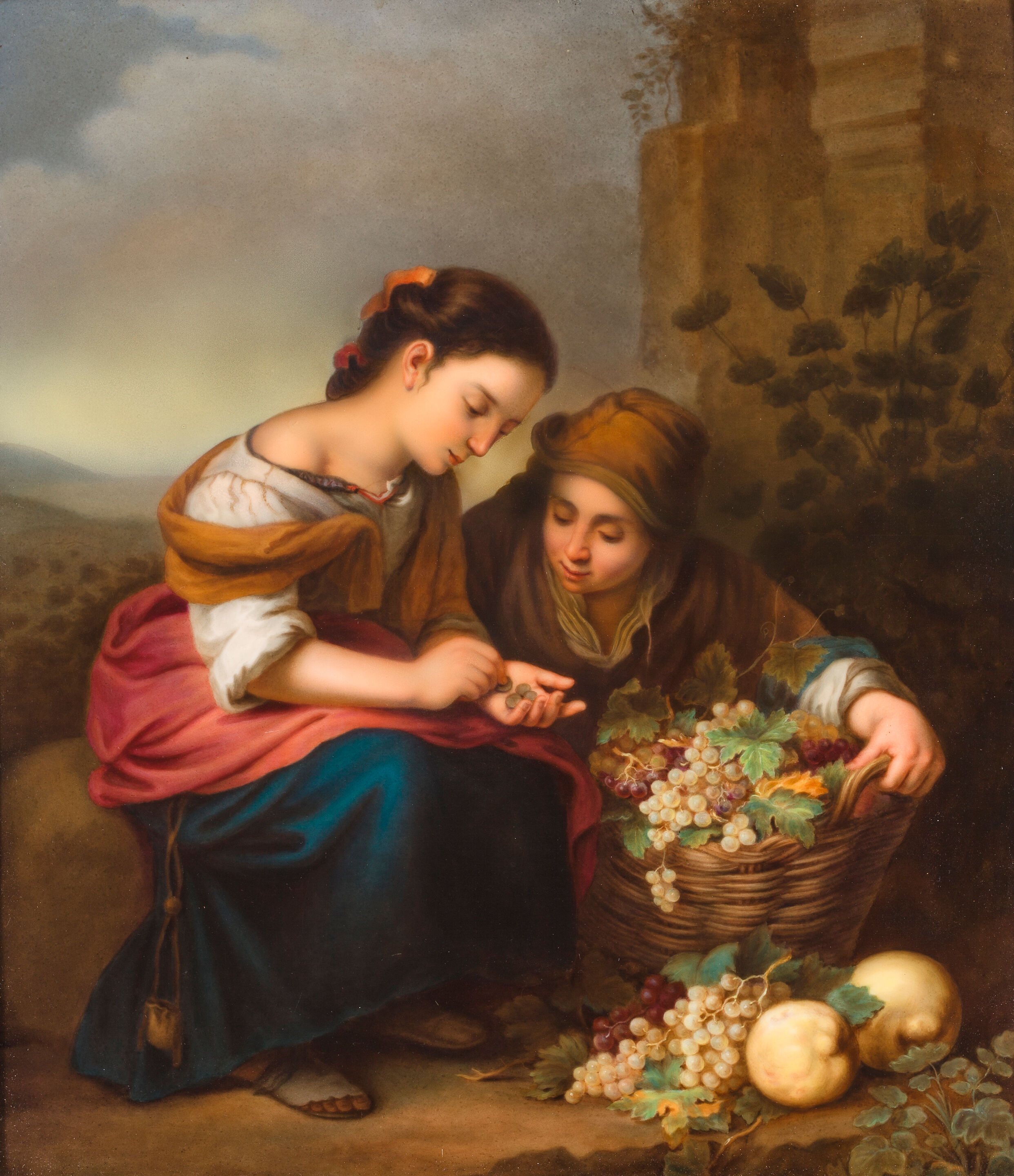 Bonhams : A Berlin (KPM) painted porcelain plaque, The Little Fruit Seller after Bartolomé ...