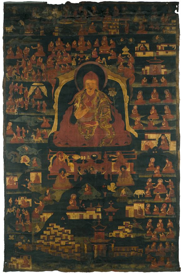 Bonhams : A thangka with Kagyupa hierarch and monastery Tibet, 19th century