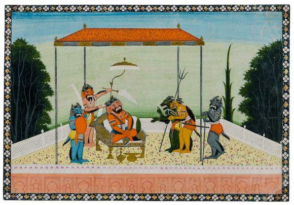 Bonhams : An illustration from a devi mahatmya series Shumbha receives ...