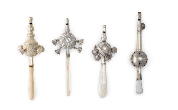 Bonhams : Four French various silver baby rattles modeled with whistles ...