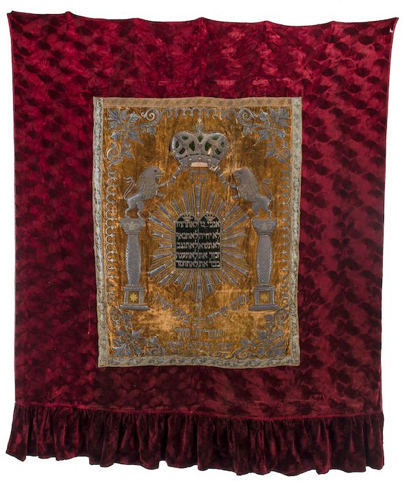 Bonhams : A red Hungarian parochet (Torah Ark curtain) replete with ...