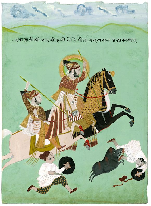 Bonhams : Maharana Ari Singh on a boar hunt By Kesu Ram, Mewar, dated ...