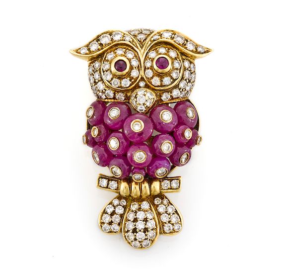 Bonhams : A ruby and diamond owl brooch
