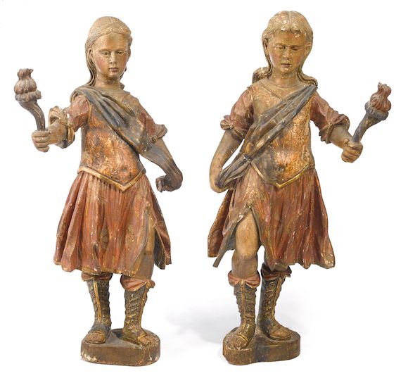 Bonhams : A pair of Northern European polychrome and parcel giltwood ...