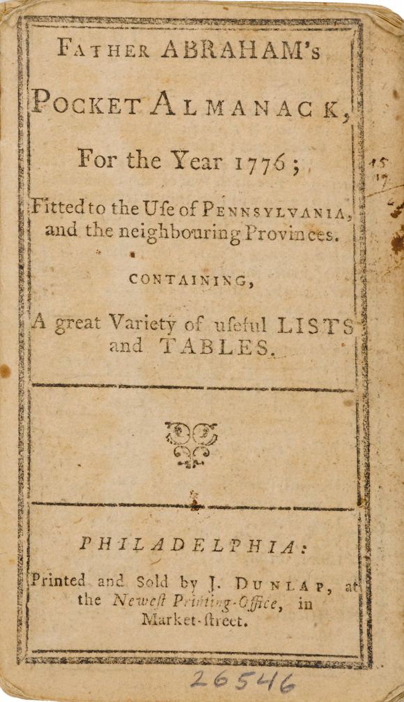 Bonhams : ALMANAC. Father Abraham's Pocket Almanack, For the Year 1776 ...
