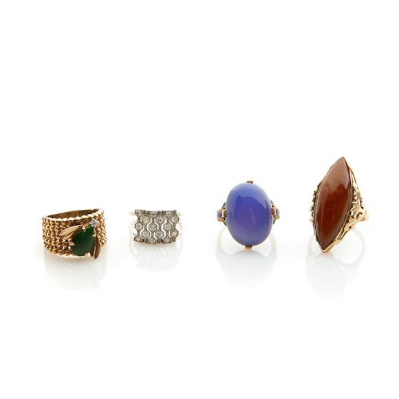 Bonhams : A group of four gem-set, diamond and gold rings
