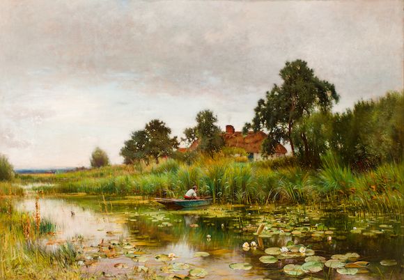 Bonhams : Ernest Parton (American, 1845-1933) The lily pond 45 x 62in