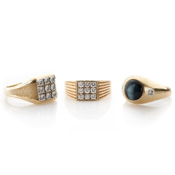Bonhams : A group of three diamond, cats eye tourmaline and 14k gold ...