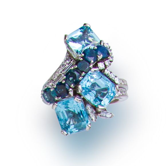 Bonhams : An aquamarine, sapphire and diamond ring, Raymond Yard