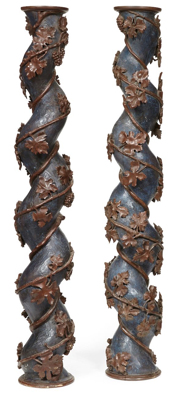 Bonhams : A pair of Spanish Baroque painted Solomonic columns 18th century