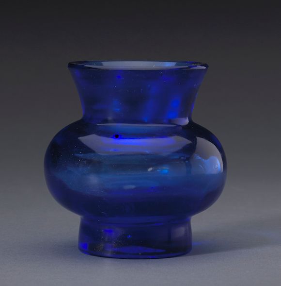 Bonhams : A miniature blue Peking glass beaker, zhadou Qianlong mark ...