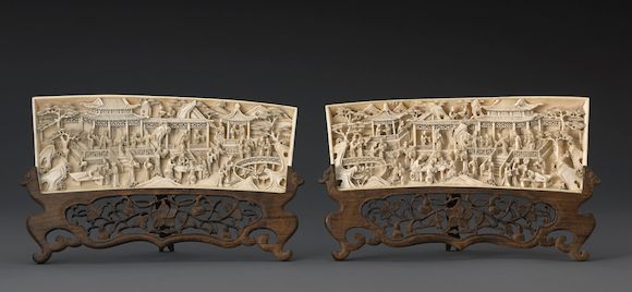 Bonhams : A pair of carved ivory figural plaques Late Qing/Republic period
