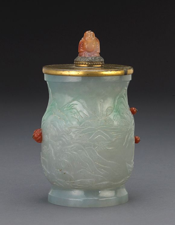 Bonhams : A pieced green jadeite jar with landscape decoration