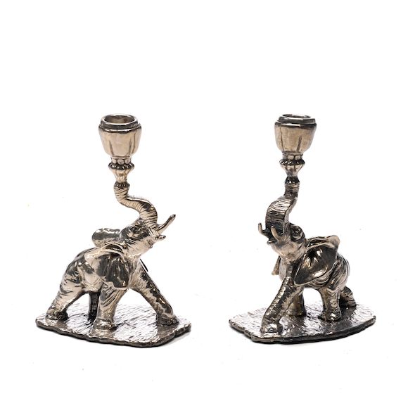 Bonhams : A pair of Israeli sterling silver elephant-form candlesticks second half 20th century
