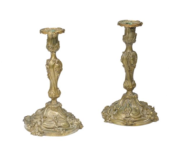 Bonhams : A pair of Louis XV style gilt bronze candlesticks