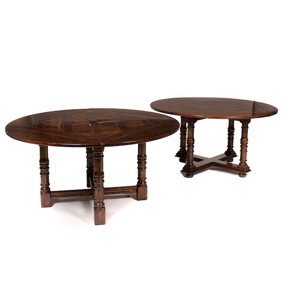 Bonhams : A pair of Continental Baroque style oak drop flap center tables