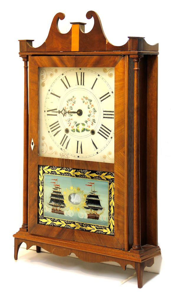 Bonhams : An Eli Terry mahogany and eglomise pillar and scroll shelf clock