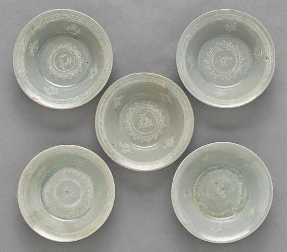 Bonhams : A group of five celadon deep saucers with sanggam inlay Goyeo ...