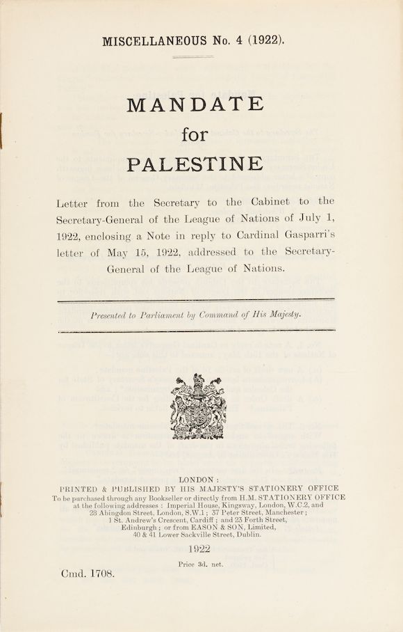 Bonhams : ISRAEL—CREATION OF THE PALESTINE MANDATE. 4 items:1. Draft ...