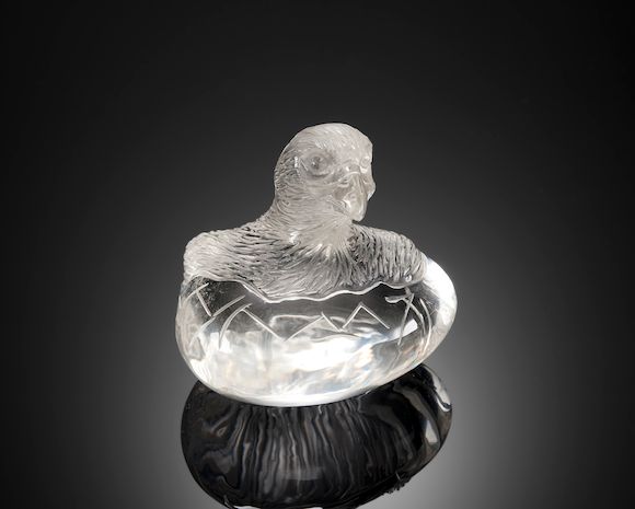 Bonhams : Rock Crystal Quartz Carving of a Chicken Emerging from an Egg