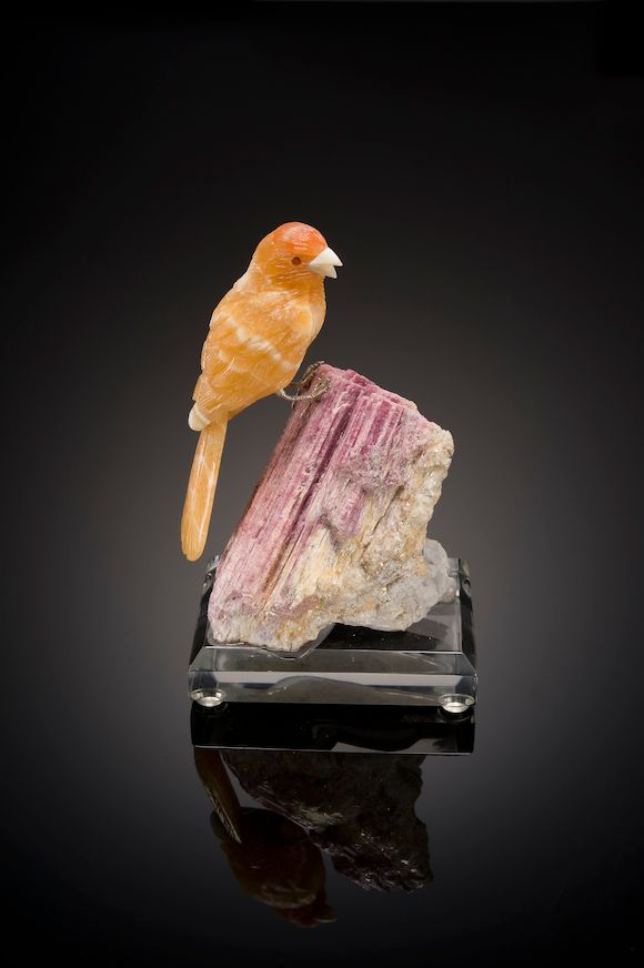 Bonhams : Yellow Calcite Bird on Pink Tourmaline and Lepidolite Base