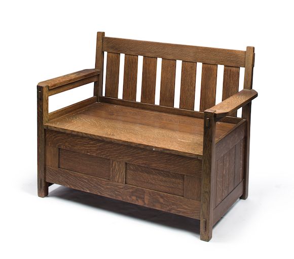 Bonhams : A Gustav Stickley oak hall seat/settle with chest model no ...