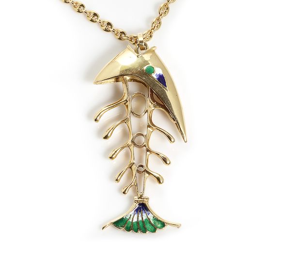 Bonhams : An enamel and eighteen karat gold articulated fishbone ...