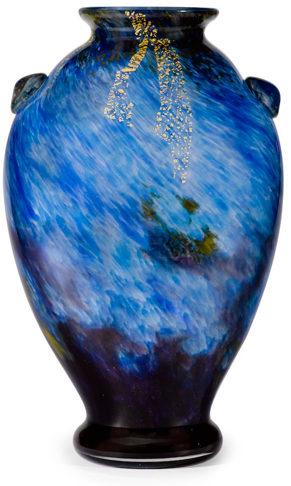 Bonhams : A Daum Nancy blue internally decorated two-handled glass vase ...