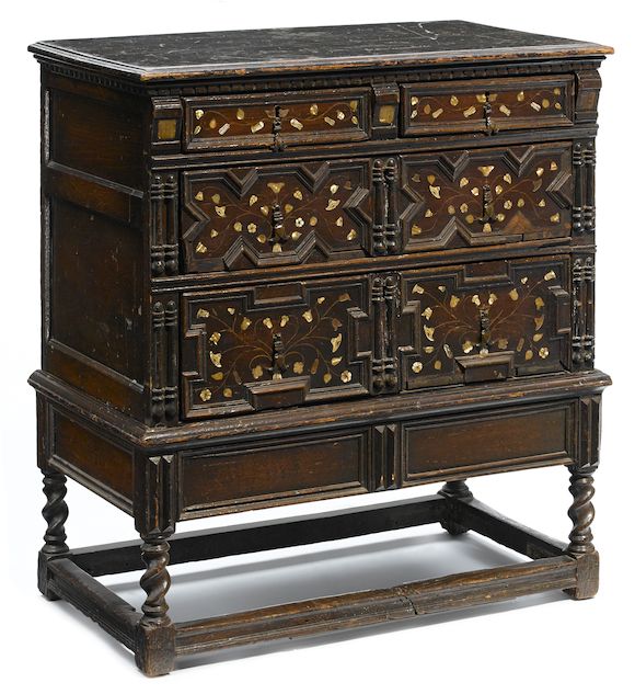 Bonhams : A Charles II shell inlaid oak molded front chest of drawers ...