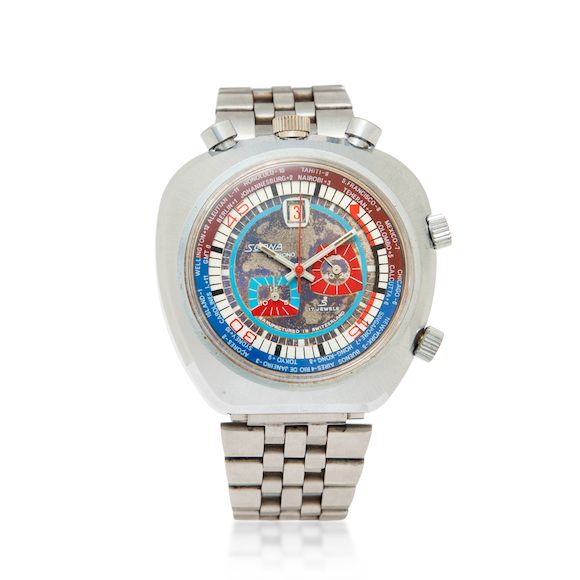 Bonhams : Sorna. A stainless steel chronograph with date and world time ...
