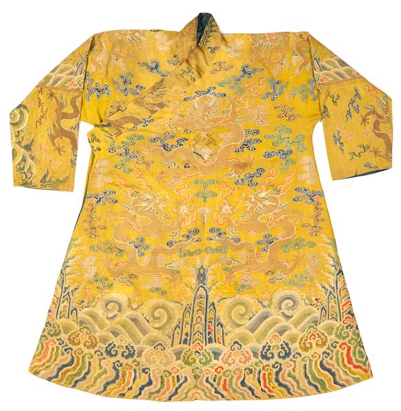 Bonhams : A Tibetan chuba made from a yellow ground silk brocade dragon ...