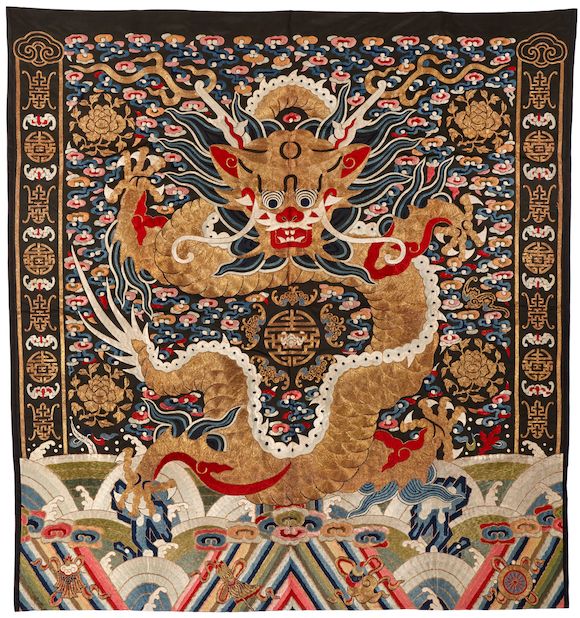 Bonhams : A large embroidered dragon panel Republic period