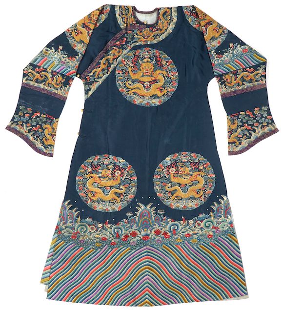Bonhams : A blue ground embroidered dragon robe with eight medallions ...