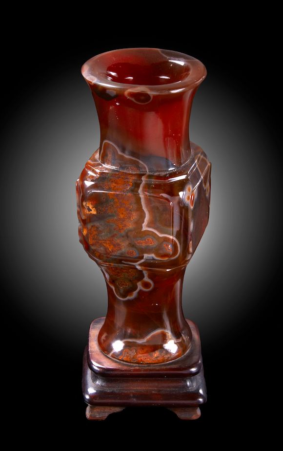 Bonhams : Carnelian Banded Agate Vase on Wooden Base