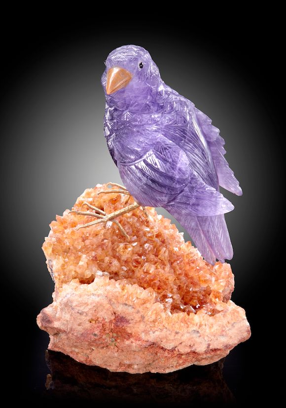 Bonhams : Amethyst Bird on Golden Calcite Base